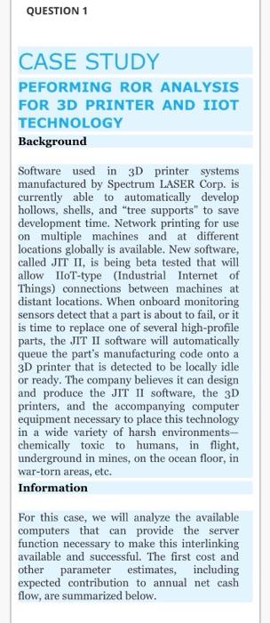 QUESTION 1 CASE STUDY PEFORMING ROR ANALYSIS FOR 3D | Chegg.com