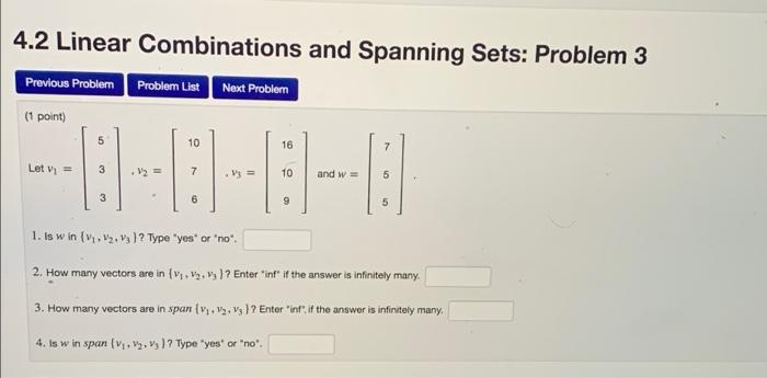 Solved 4.2 Linear Combinations and Spanning Sets: Problem 3 | Chegg.com