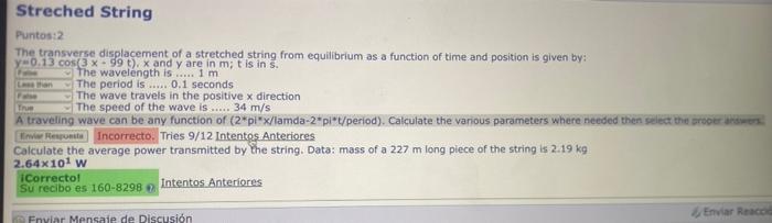 Solved Streched String Puntostz The transverse displacement | Chegg.com