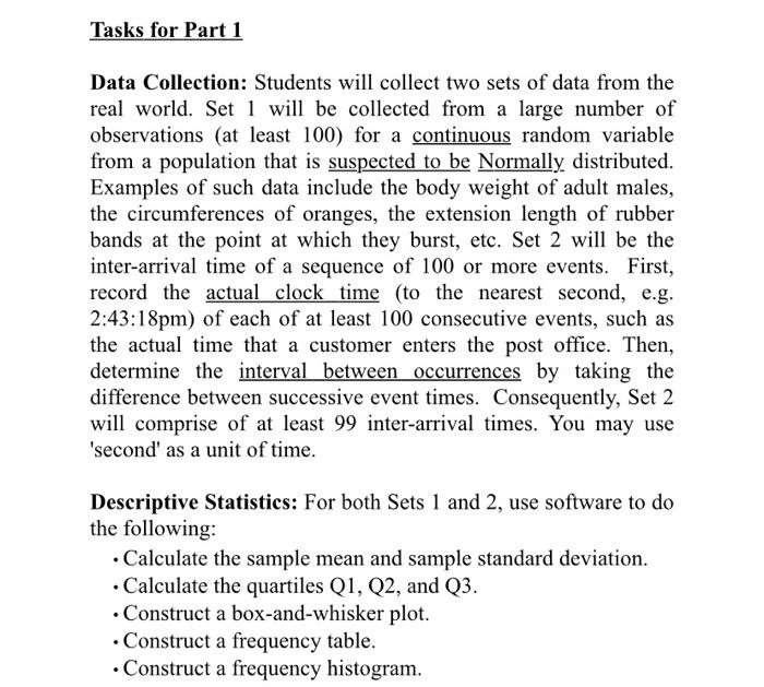 Tasks for Part 1 Data Collection: Students will | Chegg.com