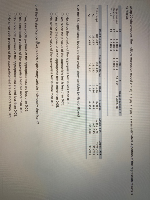 Solved Using 20 observations, the multiple regression modely | Chegg.com