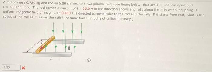 Solved A rod of mass 0.720 kg and radius 6.00 cm rests on | Chegg.com