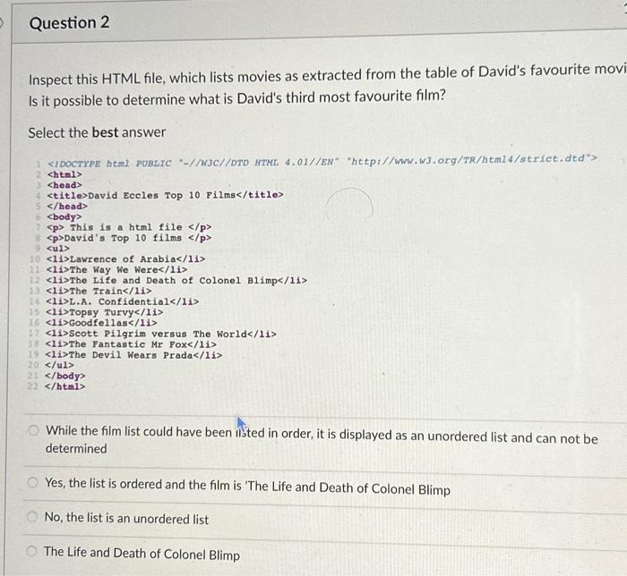 Solved Question 2 Inspect this HTML file, which lists movies | Chegg.com