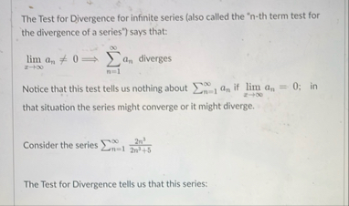 Solved The Test for Divergence for infinite series (also | Chegg.com