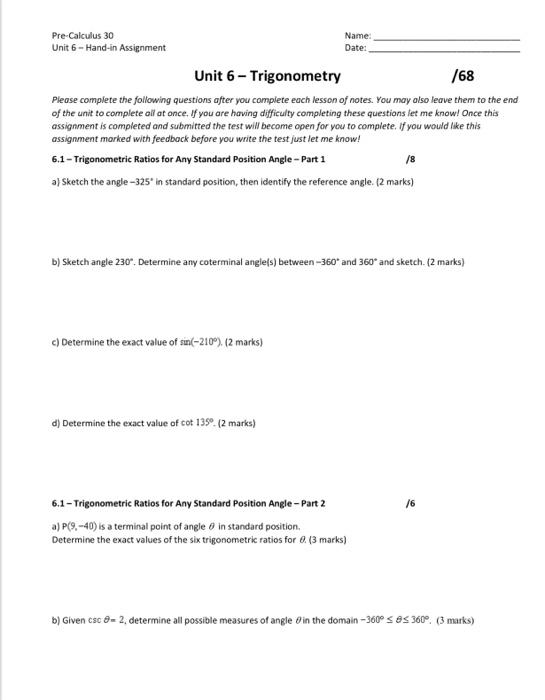 Solved Pre-Calculus 30 Name: Date: Unit 6-Hand-in Assignment | Chegg.com