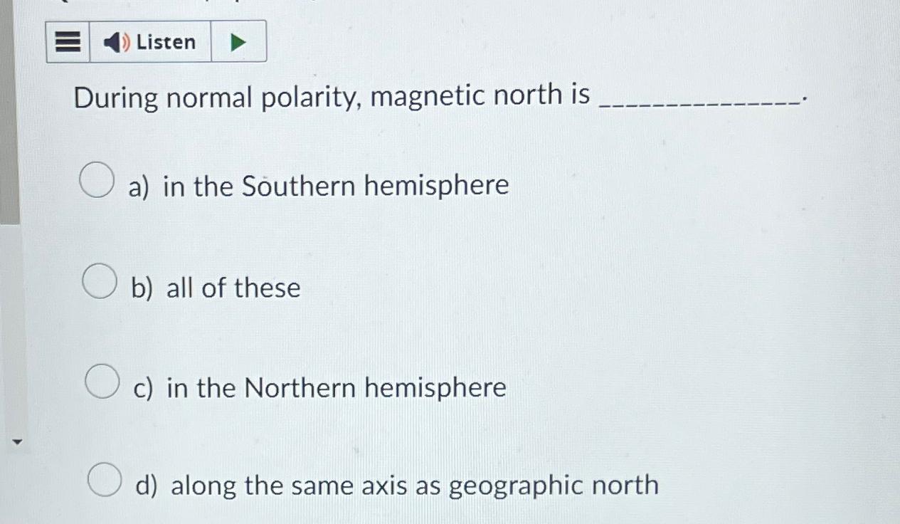 Solved ListenDuring normal polarity, magnetic north isa) ﻿in | Chegg.com