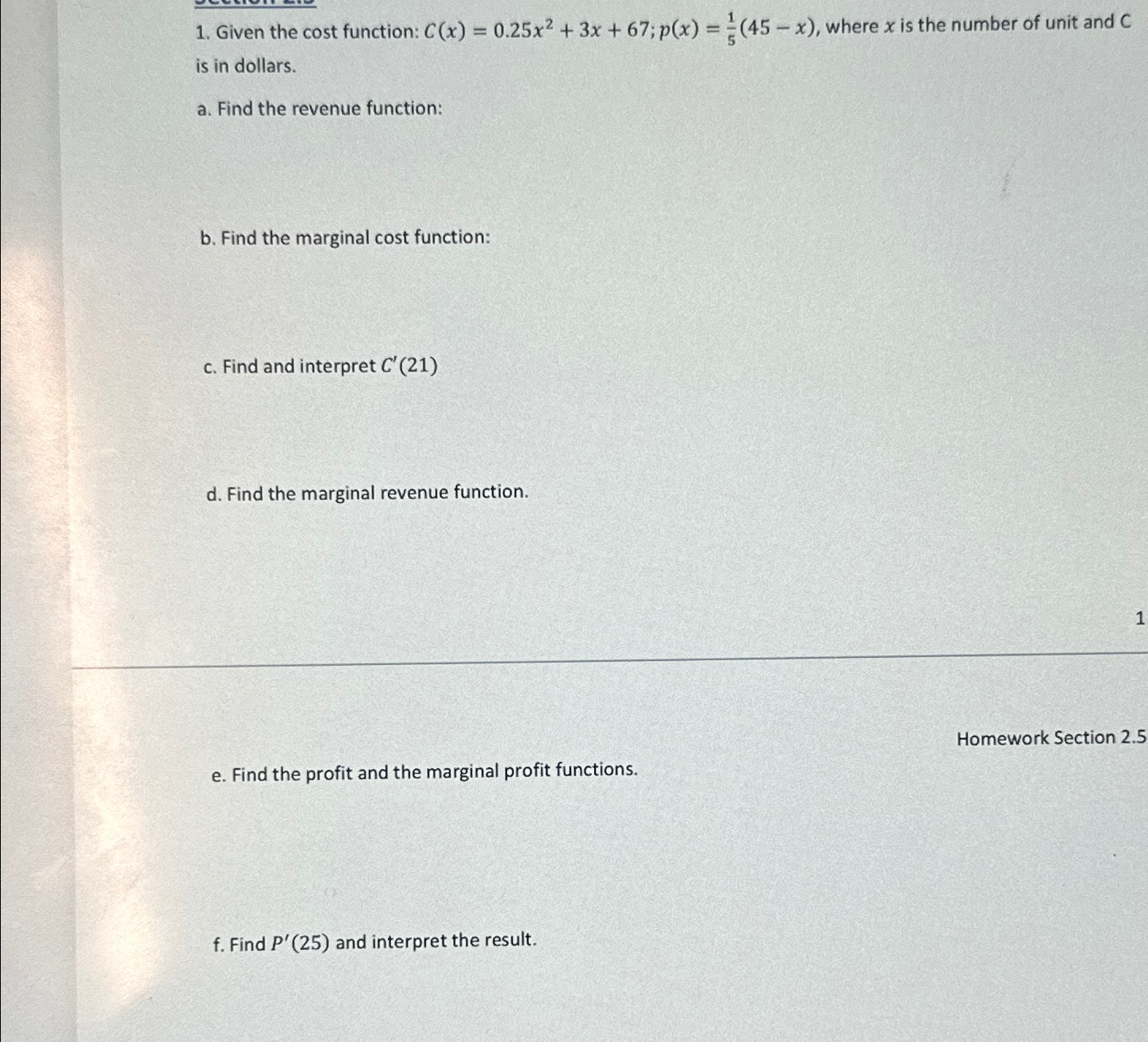 Solved Given the cost function: | Chegg.com
