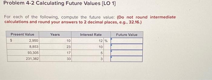 Solved Problem 4-2 Calculating Future Values (LO 1] For each | Chegg.com