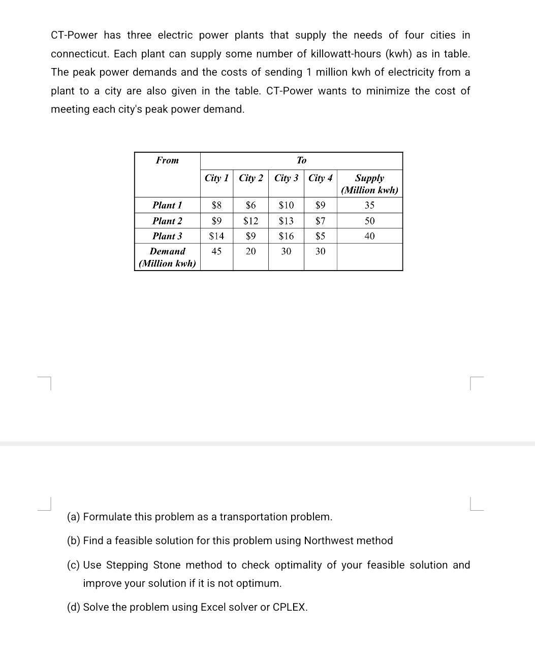 Solved CT-Power has three electric power plants that supply | Chegg.com