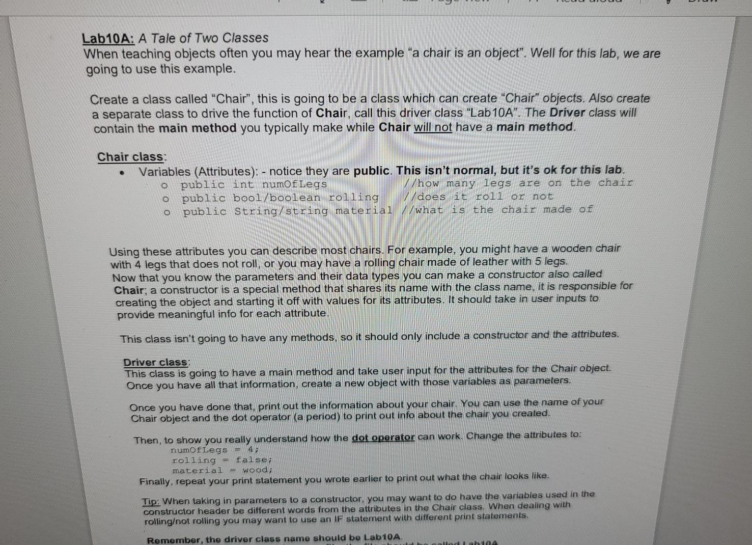 Solved Lab10A: A Tale of Two Classes When teaching objects | Chegg.com