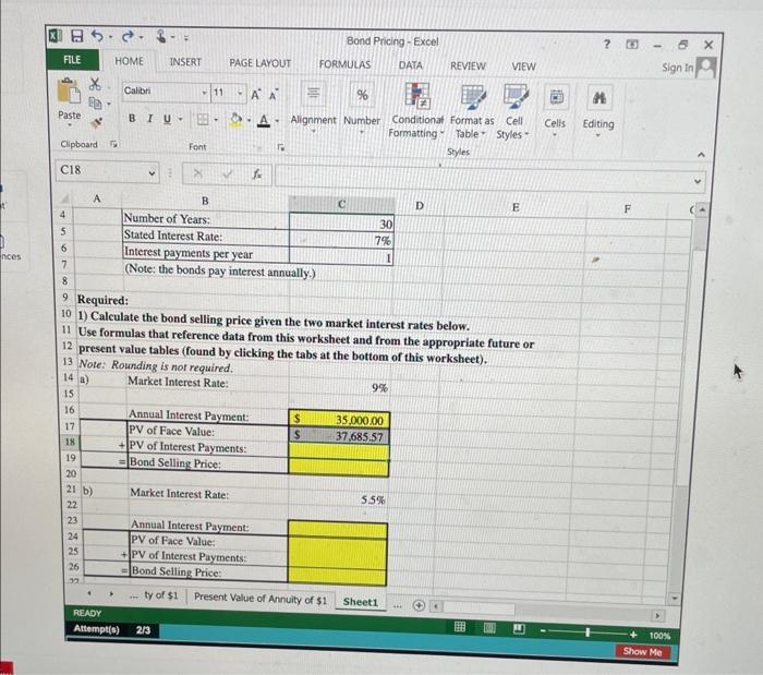 Solved Bond Pricing using Present Value Tables using Excel's | Chegg.com
