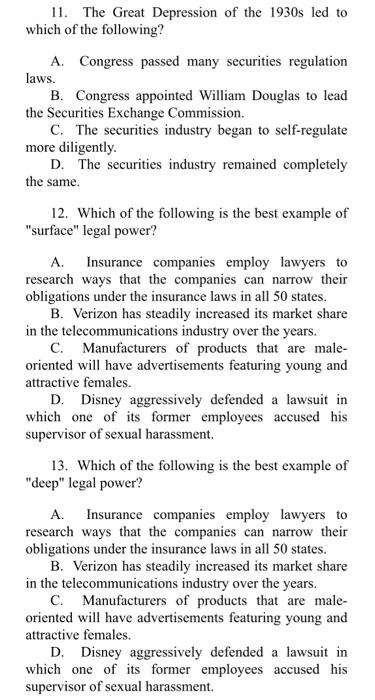 Solved 11. The Great Depression of the 1930 s led to which | Chegg.com