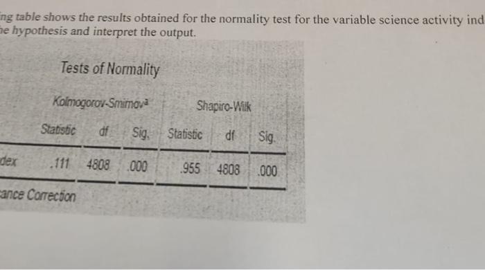 table shows the results obtained for the normality | Chegg.com