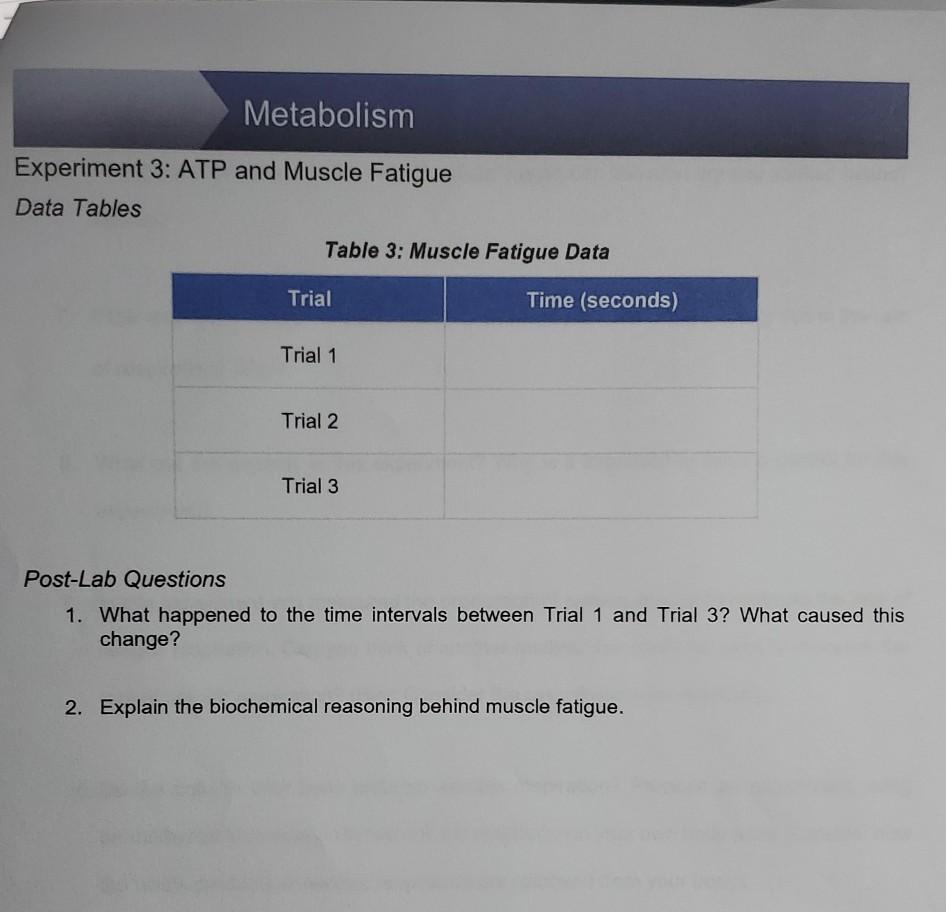 Metabolism Experiment 3: ATP and Muscle Fatigue Data | Chegg.com