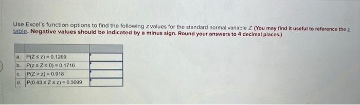 Solved Use Excel S Function Options To Find The Following Z