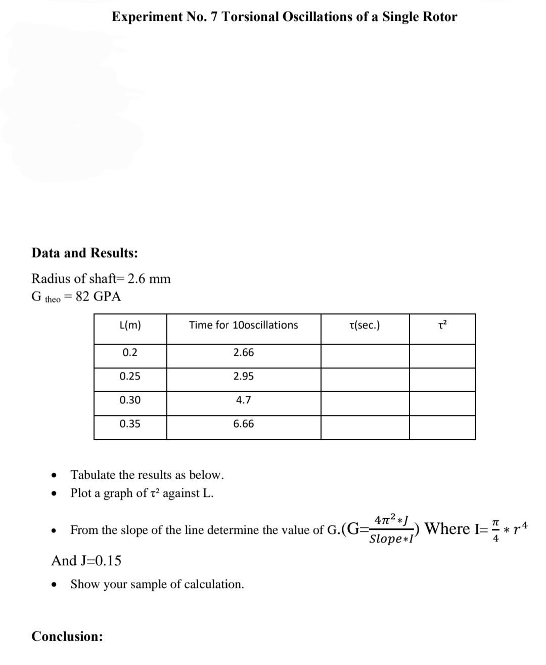 Solved Experiment No. 7 Torsional Oscillations of a Single | Chegg.com