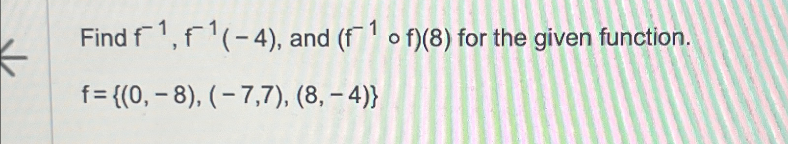 Solved Find f-1,f-1(-4), ﻿and (f-1f)(8) ﻿for the given | Chegg.com