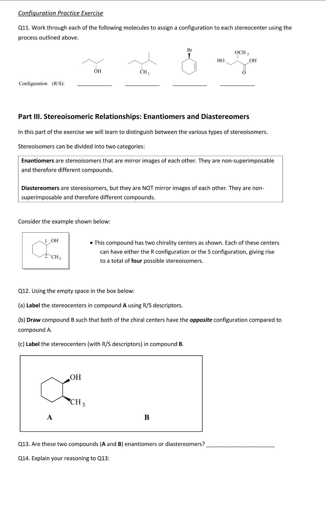 Solved Part II. Configuration of Chirality Centers In this | Chegg.com