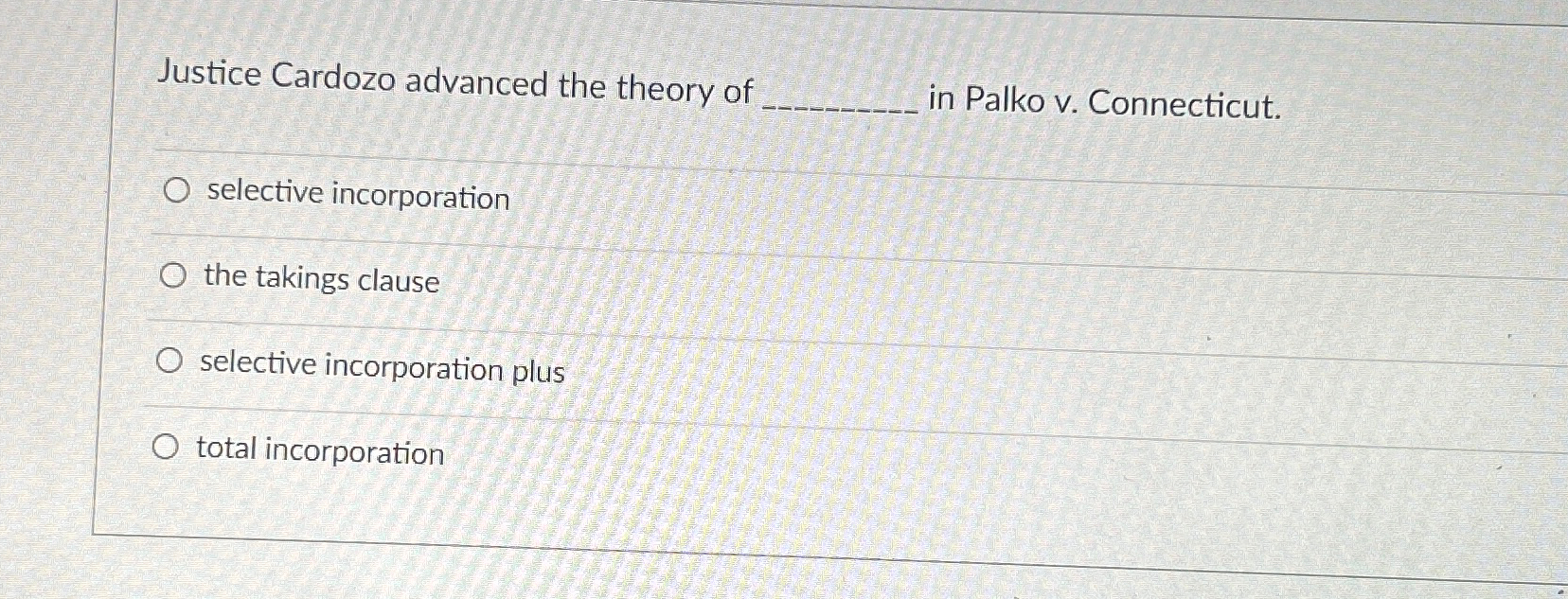 Solved Justice Cardozo advanced the theory of in Palko v. | Chegg.com
