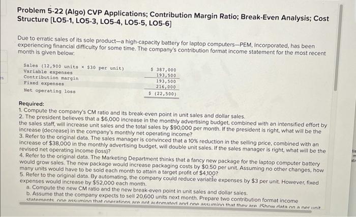Solved Problem 5-22 (Algo) CVP Applications; Contribution | Chegg.com