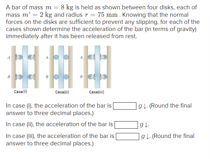 Solved A bar of mass m=8 kgm=8 kg is held as shown between | Chegg.com