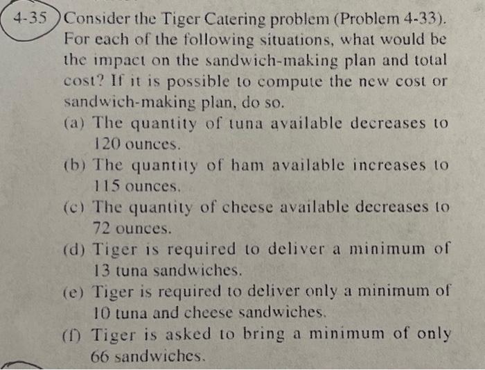Solved 35) Consider the Tiger Catering problem (Problem | Chegg.com