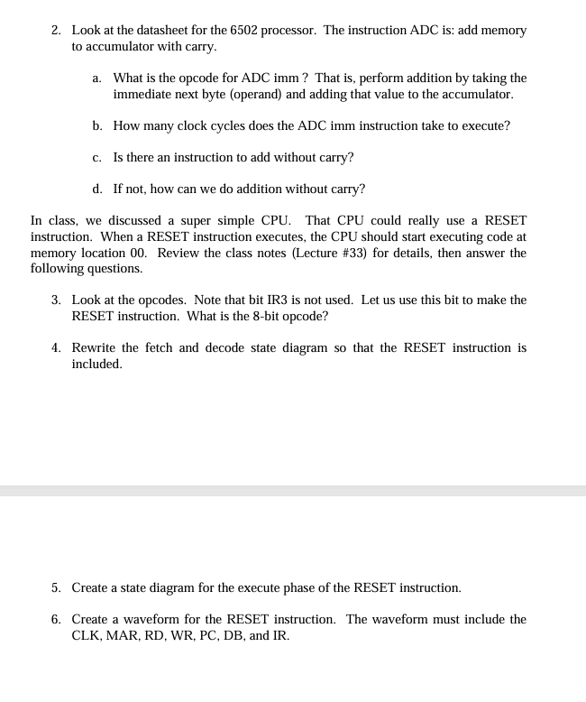 2. ﻿Look at the datasheet for the 6502 ﻿processor. | Chegg.com