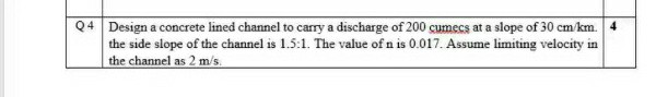 Solved Q4 Design a concrete lined channel to carry a | Chegg.com