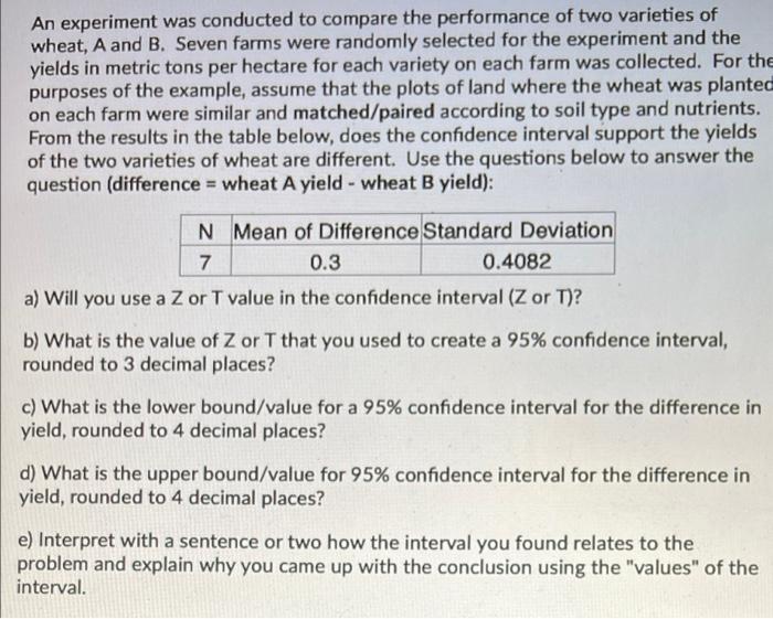 Solved An experiment was conducted to compare the | Chegg.com