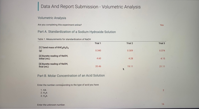 Solved Data And Report Submission - Volumetric Analysis | Chegg.com