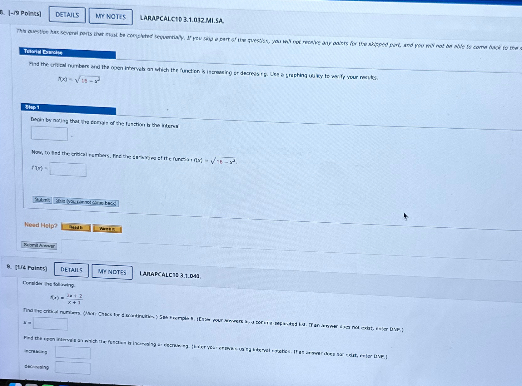 Solved [-/9 ﻿Points]LARAPCALC10 ﻿3.1.032.MI.SA.This question | Chegg.com