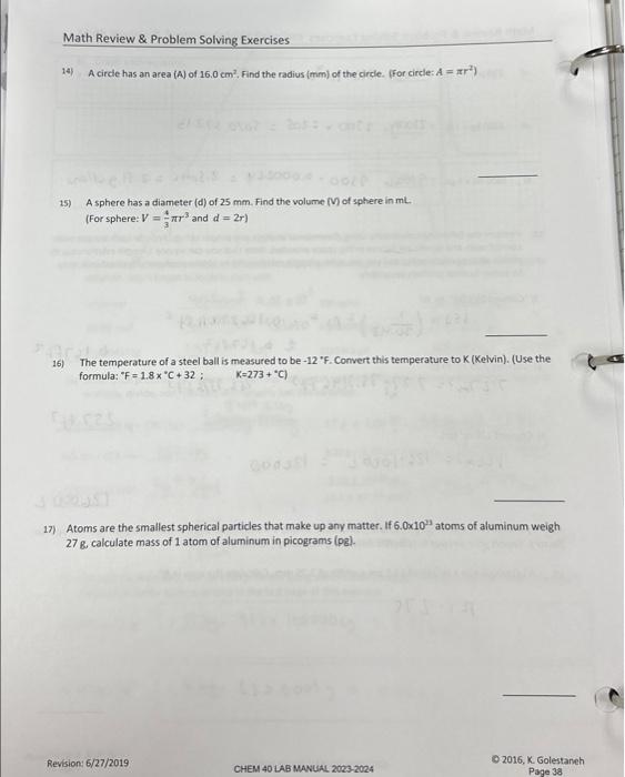 Solved Math Review & Problem Solving Exercises A circle has | Chegg.com