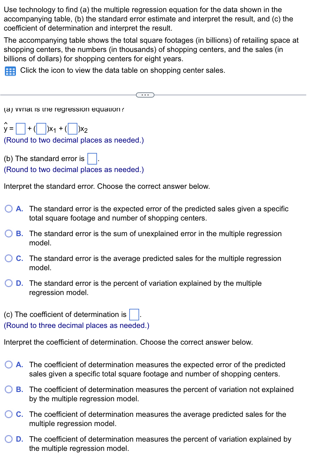 Use technology to find (a) ﻿the multiple regression | Chegg.com