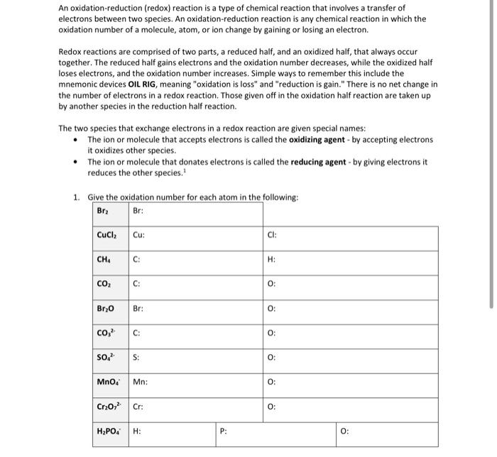 Solved An oxidation-reduction (redox) reaction is a type of | Chegg.com