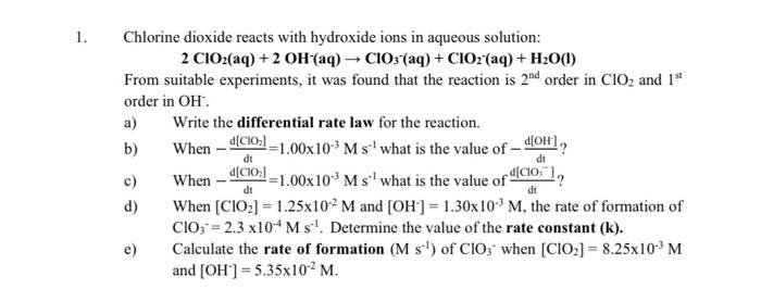 Solved Chlorine dioxide reacts with hydroxide ions in | Chegg.com
