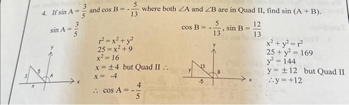Solved 4. If sinA=53 and cosB=−135 where both ∠A and ∠B are | Chegg.com