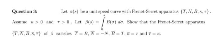 Solved Question 3: Let α(s) be a unit speed curve with | Chegg.com