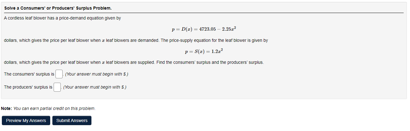 Solved Solve a Consumers' or Producers' Surplus Problem.A | Chegg.com