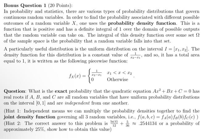 Solved Bonus Question 1 (20 Points): In probability and | Chegg.com