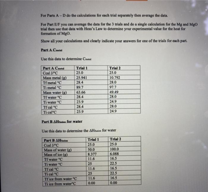Solved For Parts A-D do the calculations for each trial | Chegg.com