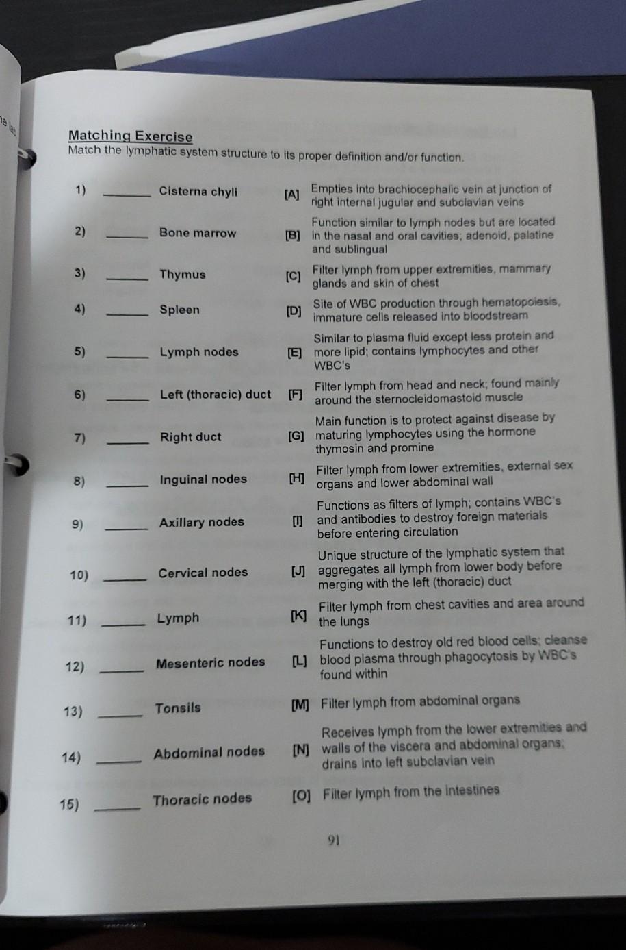 Solved Match the lymphatic system structure to its proper | Chegg.com