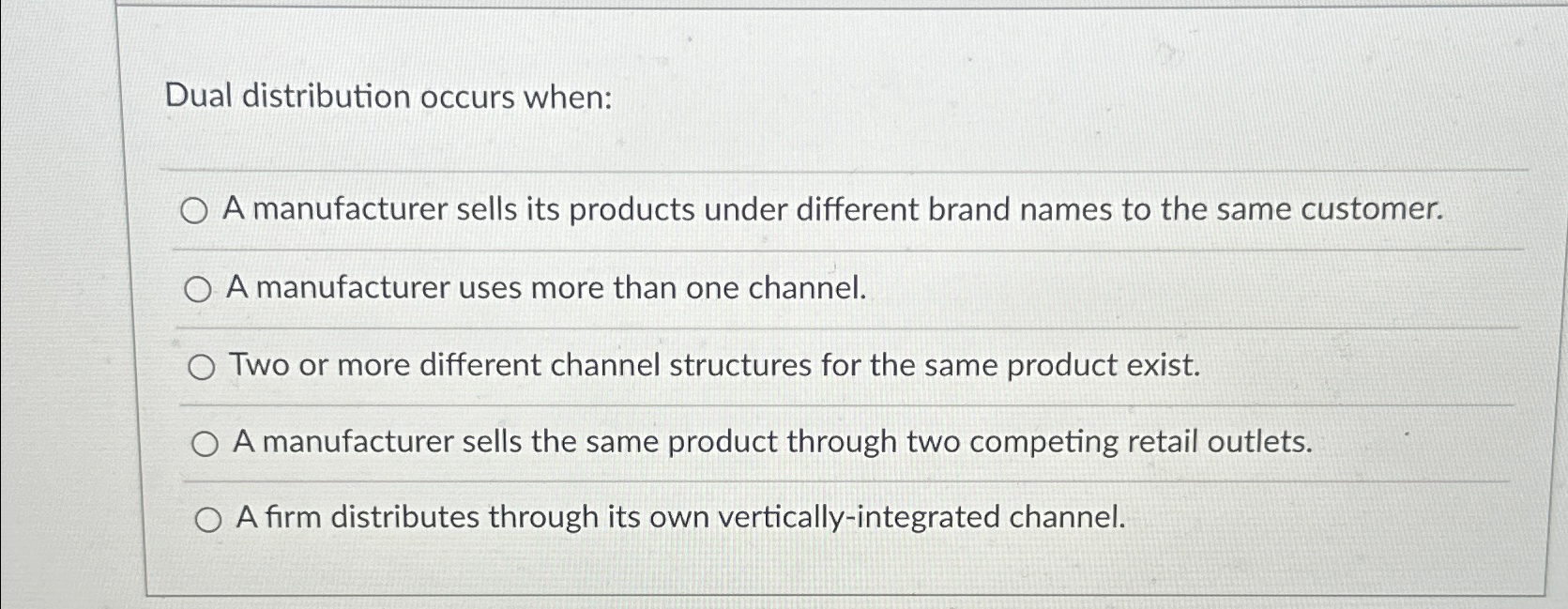 Solved Dual distribution occurs when:A manufacturer sells | Chegg.com