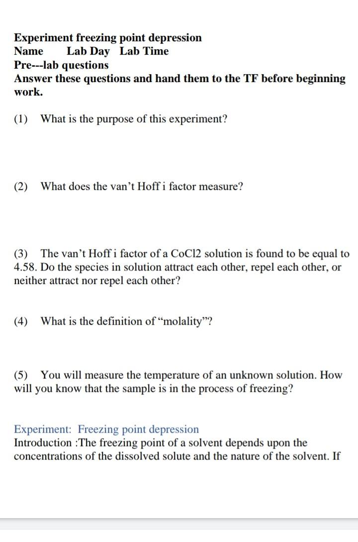Solved Experiment freezing point depression Name Lab Day Lab | Chegg.com