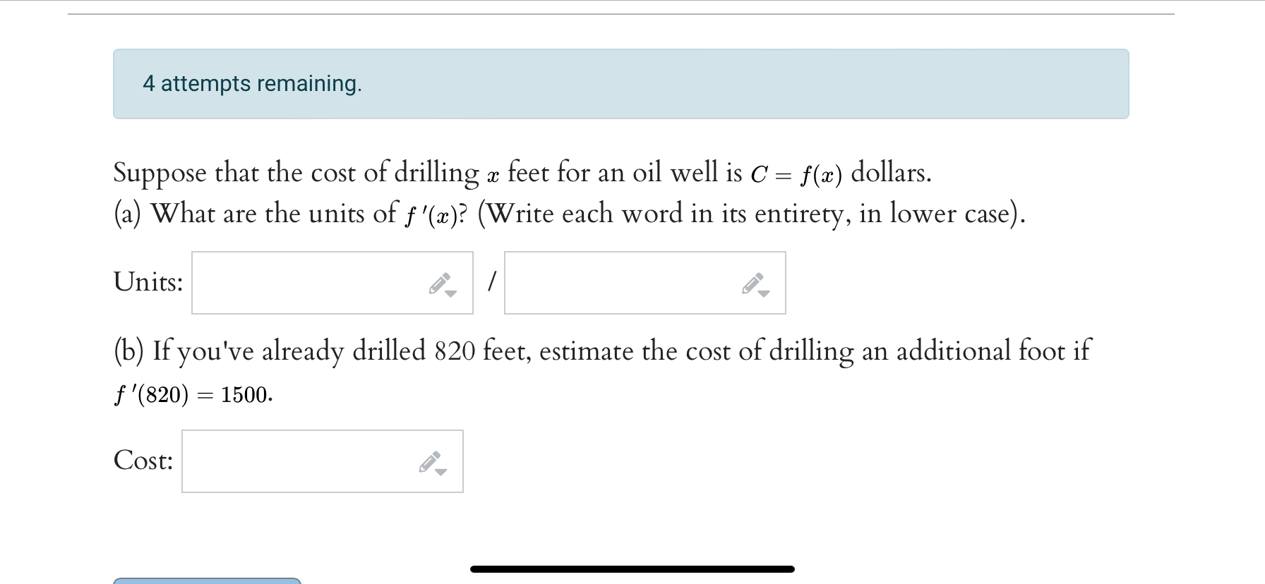 Solved 4 ﻿attempts remaining.Suppose that the cost of | Chegg.com