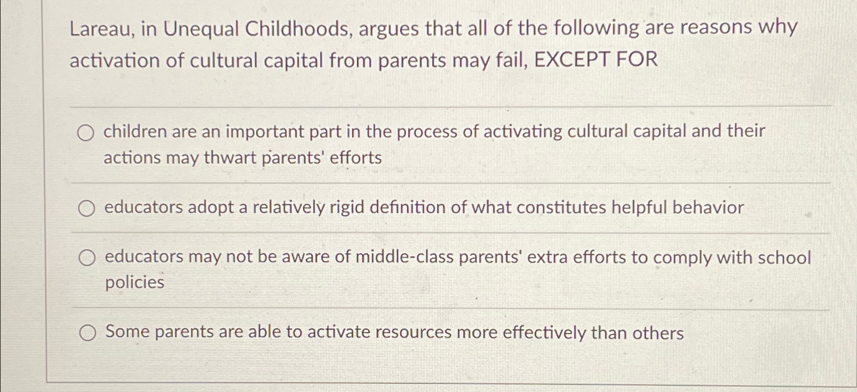 Solved Lareau, in Unequal Childhoods, argues that all of the | Chegg.com