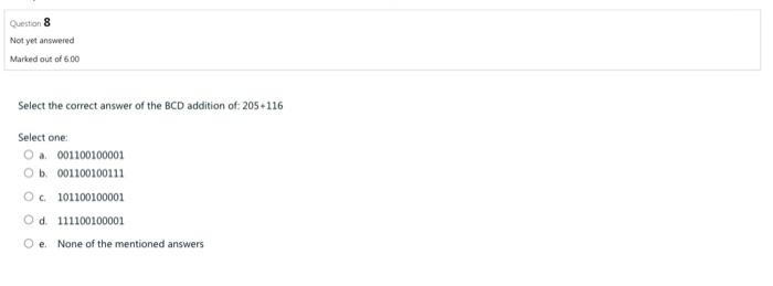 Select the correct answer of the BCD addition of: | Chegg.com