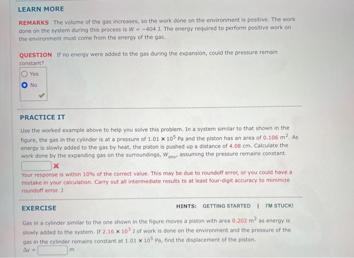 Solved REMARKS The volume of the gas increases, so the work | Chegg.com