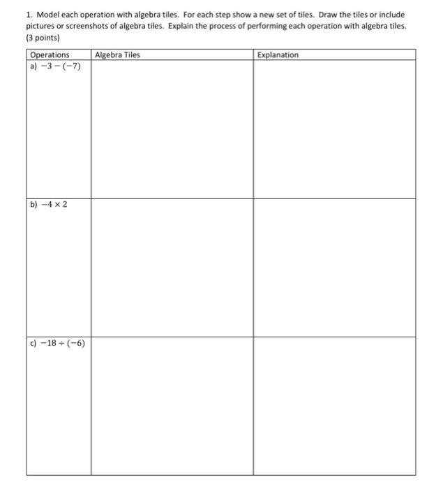 Solved 1. Model each operation with algebra tiles. For each | Chegg.com