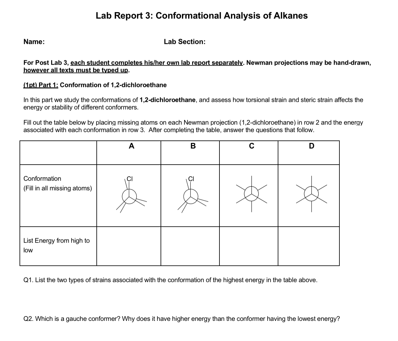 Solved Lab Report 3: Conformational Analysis of | Chegg.com