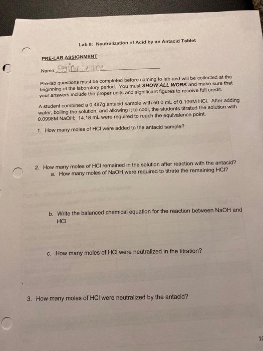Solved LAB 8 NEUTRALIZATION OF ACID BY AN ANTACID TABLET | Chegg.com